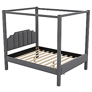 Eafurn Queen Canopy Bed Frame with Headboard, Solid Wood 4-Post Canopy Platform Bed Frame with Slat Support, Queen Size Platform Bed for Kids Teens Adults