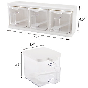 Hedume 2 Pack 3 Grids Clear Seasoning Box with Handle and Spoon, Seasoning Storage Container Rack Combo Set with Removable Cruet Jars for Spice Salt Sugar