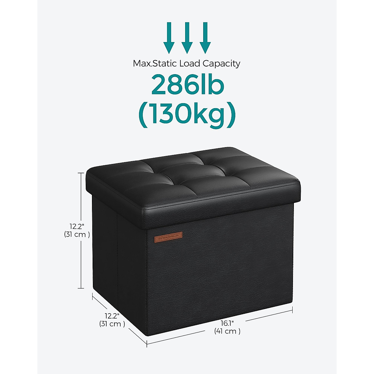 SONGMICS Small Folding Storage Ottoman, Set of 2, Foot Rest Stool, Cube Footrest, Synthetic Leather, 12.2 x 16.1 x 12.2 Inches, 286 lb Capacity, Living Room, Bedroom, Dorm, Ink Black ULSF100B21