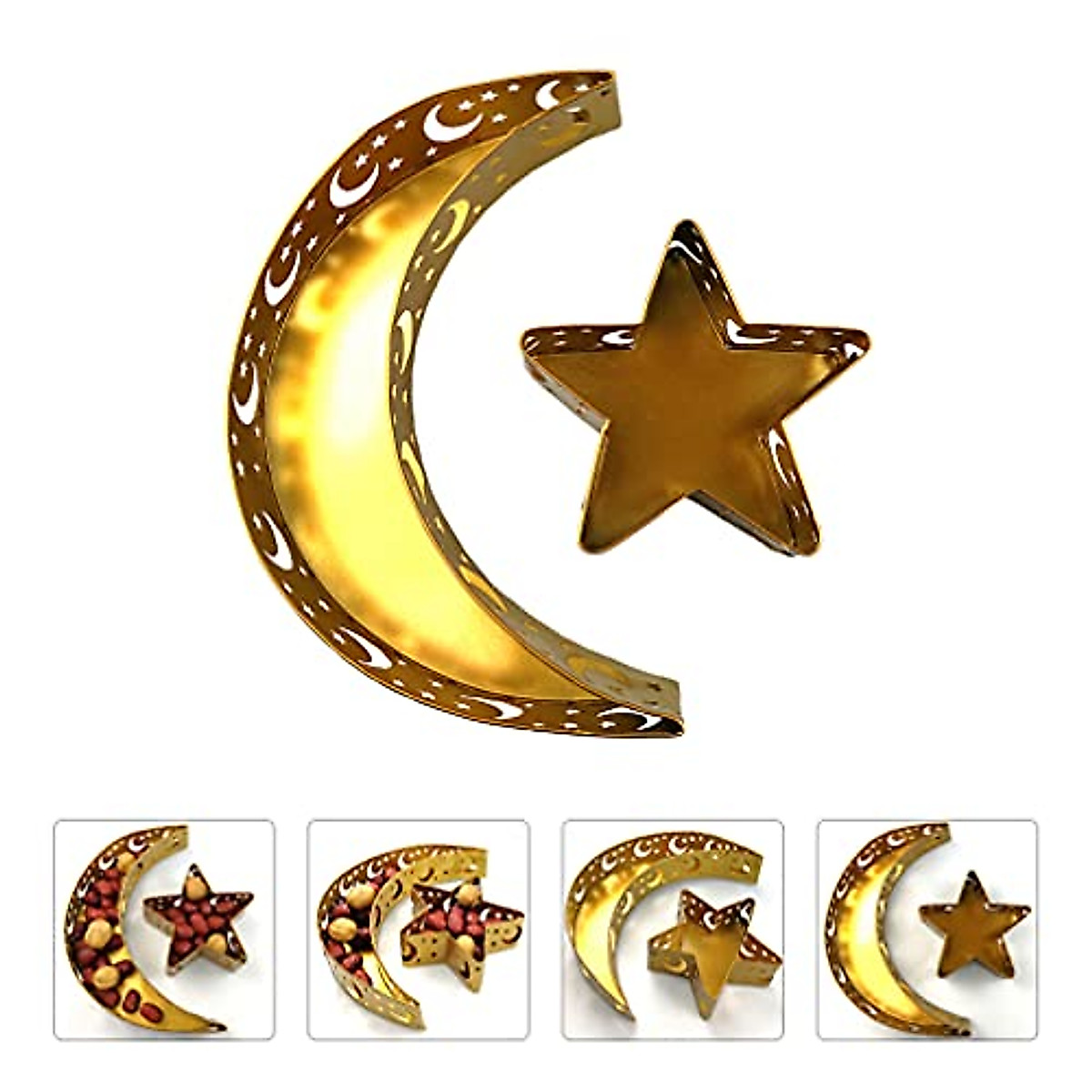 PRETYZOOM 2pcs Crescent Moon Star Tray Ramadan Eid Mubarak Trays Platters Moon Star Dinner Plate Tableware Dessert Food Serving Tray Ramadan Muslim Islamic Party Supply Golden