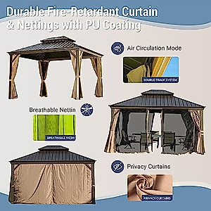 10' x 12' Hardtop Gazebo Outdoor Aluminum Gazebos Grill with Galvanized Steel Double Canopy for Patios Deck Backyard,Curtains&Netting by domi outdoor living Brown