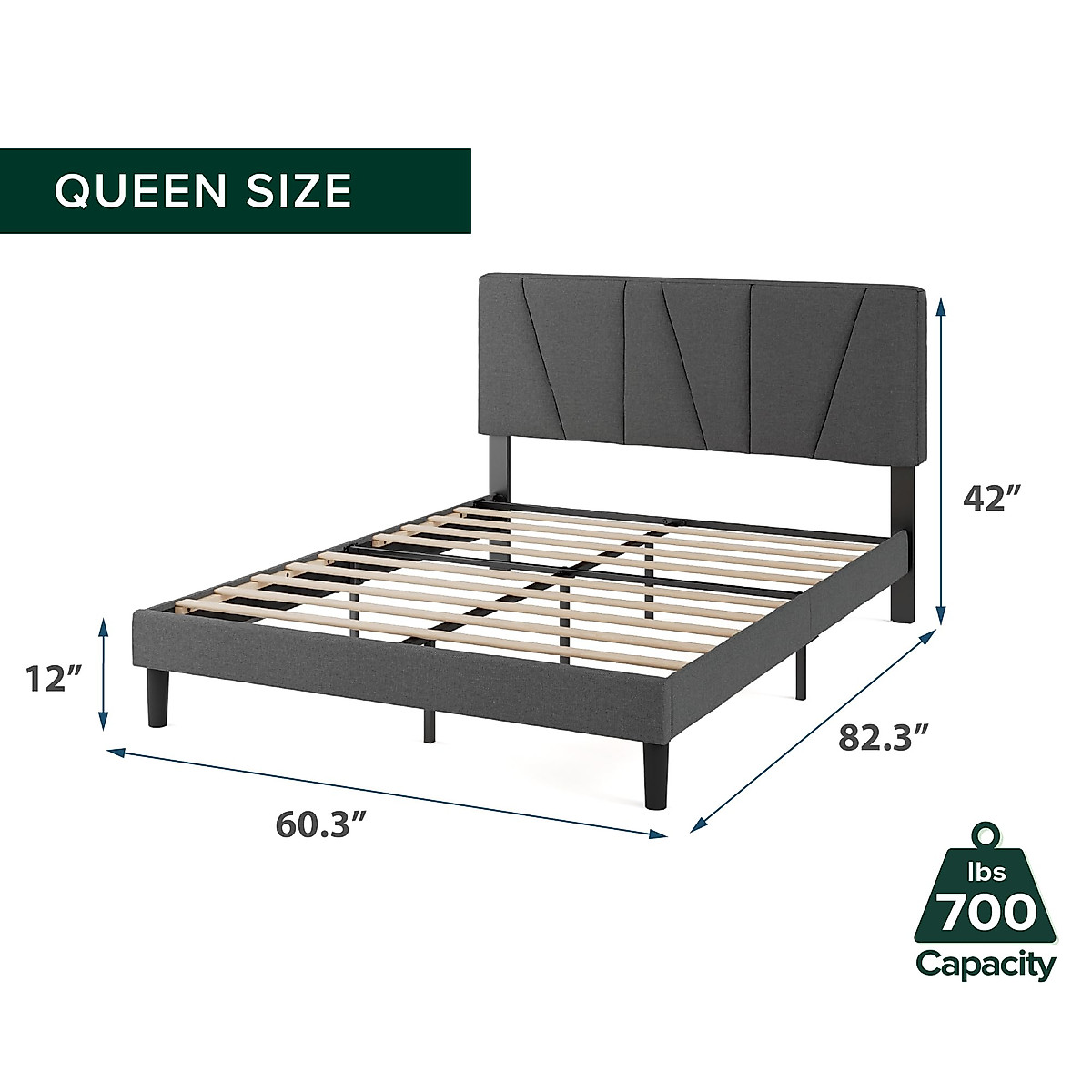 Zinus Queen Maya Upholstered Bed Frame with Asymmetric Headboard, Durable Wooden Slats, Sturdy Framework, Noise Free Sleep, No Box Spring Needed, Easy Assembly, Eco Friendly Packaging, Dark Grey