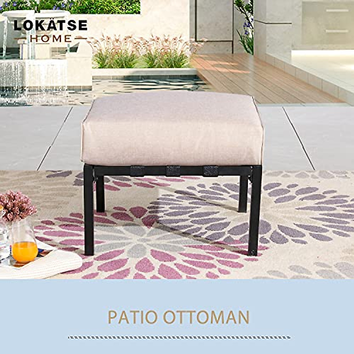 LOKATSE HOME 1 Piece Patio Ottoman Metal Outdoor Foot Rest Cushioned Footstool Modern Bistro Furniture for Yard Deck Poolside, Beige