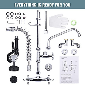 iVIGA 26" Height Commercial Kitchen Faucet Wall Mount with Pre-Rinse Sprayer, 4" to 9" Adjustable Center with Humanized Handle Design & 10" Add-on Swing Spout Faucet & Coiled Spring Pull Down Spray