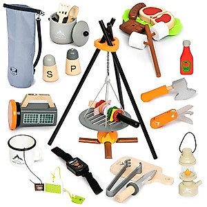 UMU Kids Camping Toys Set, Pretend Play with Campfire, Wooden Camping Playset Cutting Food for Play Kitchen Camping Gear for Kitchen Indoor Outdoor Camping Toys for Kids Toddlers Boys Age 3 4 5 6 7 8+