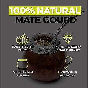 BALIBETOV Yerba Mate Gourd Set (Original Natural Handmade Yerba Mate Cup Argentina) - Includes Mate Tea Cup, Bombilla (Yerba Mate Straw) and Clean Brush - Classic Mate Cup and Bombilla (Dark Brown)