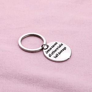 BEKECH Dragons Game Inspired Gift Role Playing Funny Jesus Saves All Others Take Half Damage Keychain DM Dragon D20 Dice Gift RPG Gamer Gift (silver)