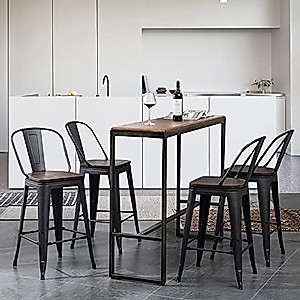 Alunaune 24" Swivel Metal Bar Stools Set of 4 High Back Counter Height Barstools Industrial Dining Bar Chairs with Large Wooden Seat-Matte Black