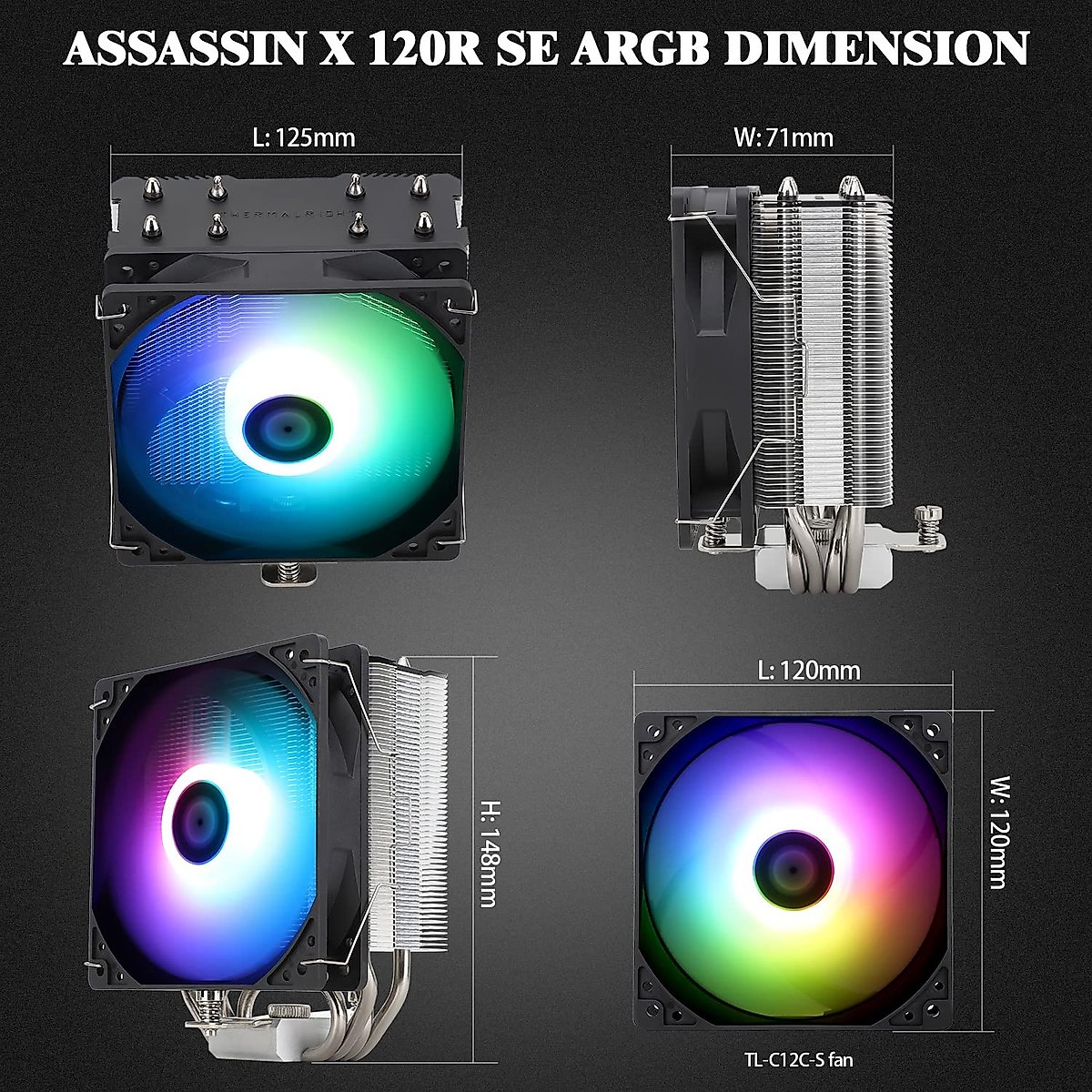 Thermalright AssassinX120 R SE ARGB CPU Air Cooler, AX120 R SE ARGB, 4 Heat Pipes, TL-C12C-S PWM Quiet Fan CPU Cooler with S-FDB Bearing, for AMD AM4/AM5 Intel 1700/1150/1151/1200, LGA1700