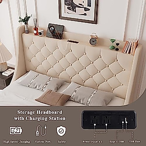 Feonase Queen Bed Frame with 4 Storage Drawers, Type-C & USB Port and Charging Station, Upholstered Wingback Headboard and Storage Shelf, No Box Spring Needed, Easy Assembly, Beige