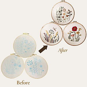 Embroidery Starter Kit Beginners- 3 Pack Cross Stitch Kits with Cute Flowers and Plants Patterns with Embroidery Hoop and Color Threads for Adults Kids