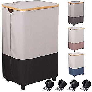 Large Laundry Hamper with Lid - Collapsible Laundry Baskets with Wheels and Removable Laundry Bag, 105L Capacity Dirty Clothes Hampers with Handles for Living Room, Bedroom, Laundry Room, Beige+Black