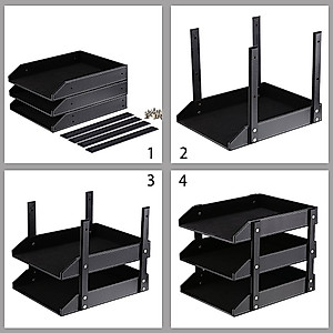 Leather Desk Organizer, Thipoten 3-Tier Stackable Letter Tray Holder for Office Supplies, Paper, File, Magazine, Perfect Office Organization for Desktop (Black-3Tiers)