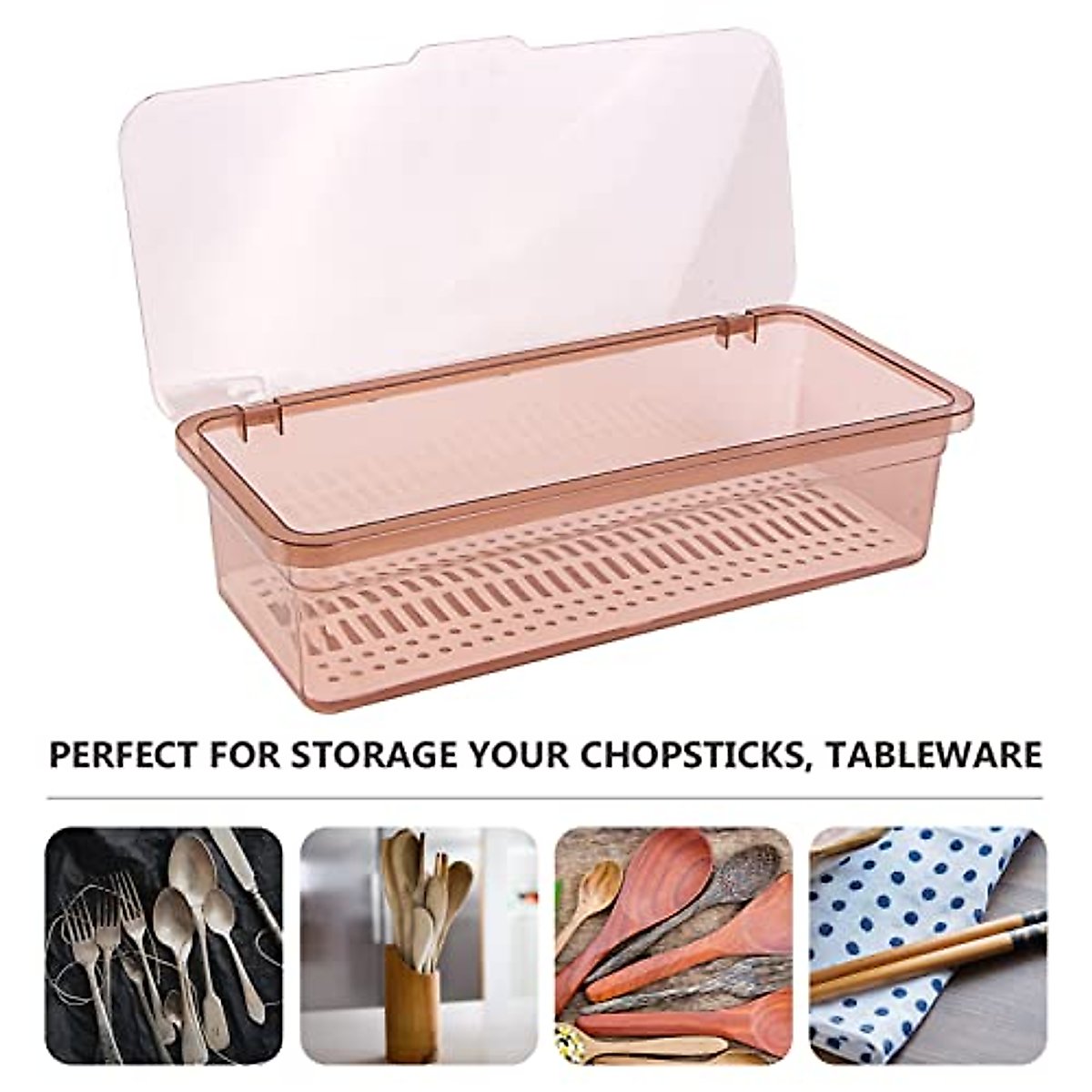 DOITOOL Flatware Tray with Lid and Drainer, Tableware Utensil and Cutlery Drawer Organizer with Lid Covered Silverware Tray to Keeps Your Cutlery Organized and Protected ( Brown )