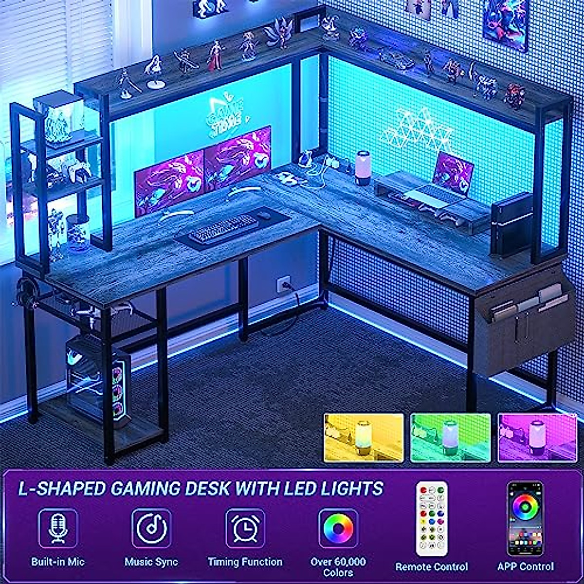 Aheaplus L Shaped Desk with Power Outlet, L Shaped Gaming Desk with Led Light & Hutch, Reversible Home Office Desk, Corner Computer Desk Writing Desk with Monitor Stand & Storage Shelves, Grey Oak