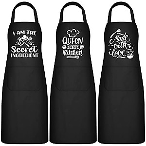 Jeyiour Set of 3 Women Kitchen Aprons with Funny Quotes Black Pocket Apron with Adjustable Waist Tie Cute Aprons for Cooking Baking