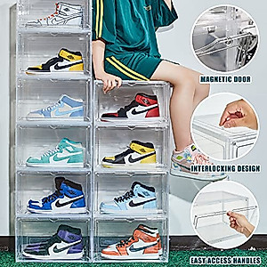 EZLucky 3 Pack Large Shoe Boxes Clear Plastic Stackable, Side Open Shoes Organizer with Magnetic Door, Clear Shoe Boxes Stackable for Display Sneakers, Fit Shoe Size Up to US 15 (14.2x11x8.7in)