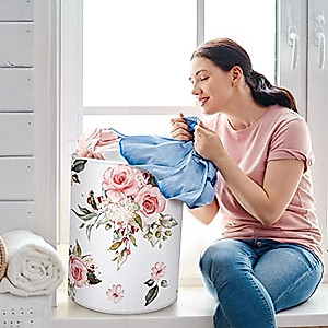 Clastyle 45L Pink Large Flowers Collapsible Laundry Basket with Drawstring Spring Summer Blooming Plant Pattern Laundry Hamper Bedroom Bathroom Waterproof Storage Basket with Handle, 14 * 17.7 in
