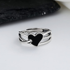 Black Heart Open Statement Rings Sterling Silver 925 Adjustable Multi Layers Engagement Promise Ring Endless Love Eternity Wedding Bands Wrap Finger Band for Women