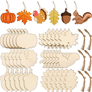 60 Pieces Thanksgiving Unfinished Wooden Ornaments Maple Leaves Pumpkin Wood Cutout Squirrel Acorn Blank Wooden Ornament for Thanksgiving Fall Party DIY Decor Supplies, 6 Styles