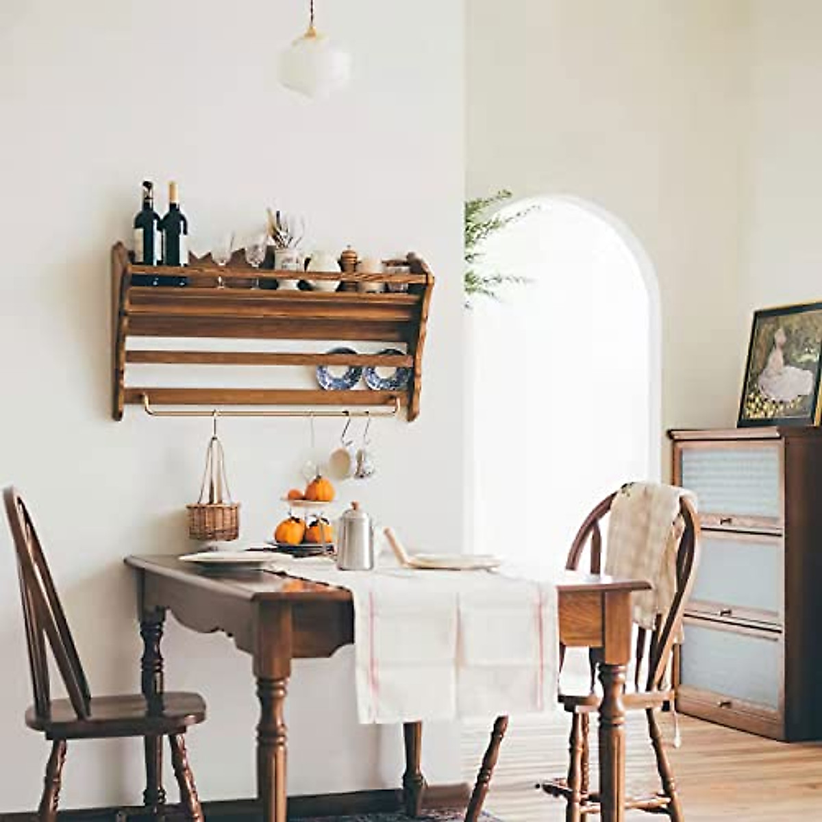 Wooden Rustic Floating Shelf, Wood Floating Shelf with Towel Holder and 5 Hooks, Farmhouse Wall Shelf for Dishes Books Mail Bill, Entryway Floating Shelf for Kitchen Bedroom Nursery Bathroom