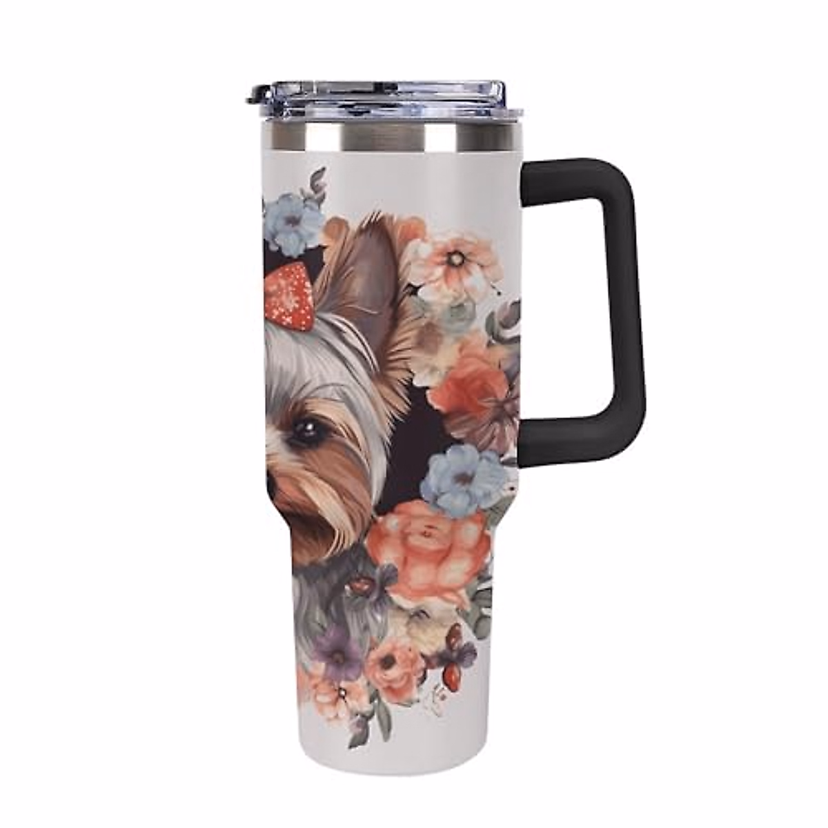 WYUSPGK 40oz Stainless Steel Car Mug, Yorkie Floral Print Travel Mug, Double-Wall Insulated with Straw, Perfect for Car, Office, Outdoor