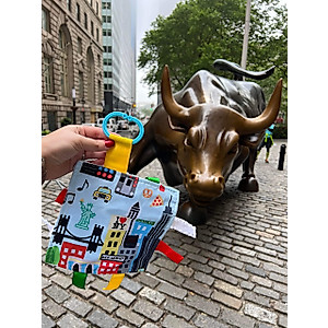 Baby Jack & Co 8x8” Learning Lovey NYC New York Tag Toys for Babies - Baby Crinkle Toys - Soft & Safe - Learn USA Cities and Shapes - Ideal Baby Toy & Gift BPA Free w/Stroller Clip