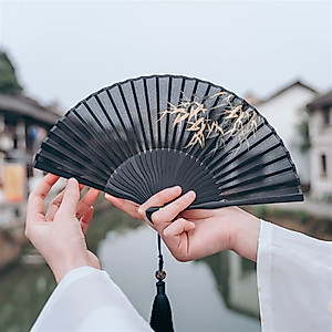 RAN Small Black Folding Fans, Chinese Bamboo Leaf Pattern Hand Fan Folded Purse Hand Fan with Fabric Sleeve and Tassel, for Women