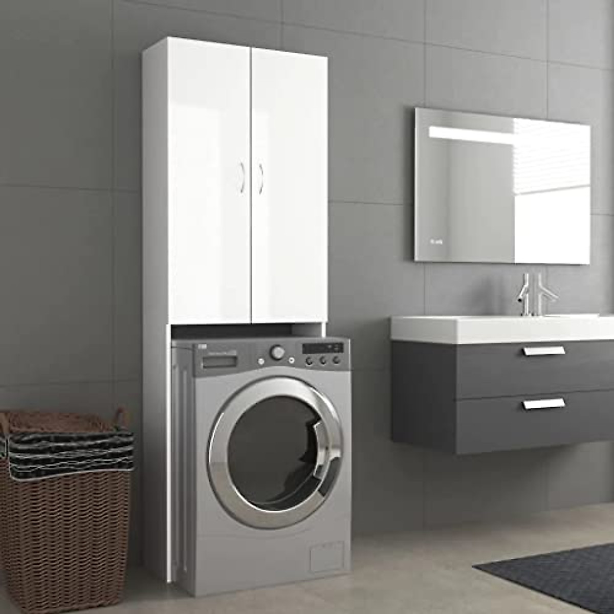 vidaXL Washing Machine Cabinet Home Bathroom Washroom Laundry Room Dryer Accessory Washer Cupboard Storage Shelf Rack Furniture High Gloss White