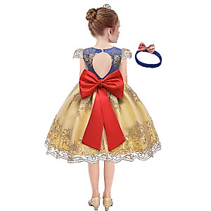 HOIZOSG Baby Girls Christening Dress Snow White Birthday Party Prom Embroidered Lace Baptism Bowknot Tutu Gown w/Headwear Yellow
