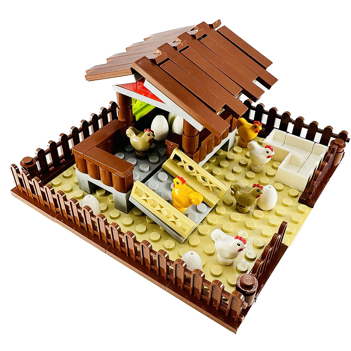 General Jim's Chicken Coop Hen House Modular Building Block Brick Set 122 Piece Set or Addition to Rural Farm Scene Set with All Accessories Shown for Teens and Adults.