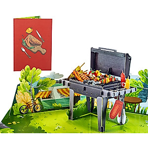 BBQ Party Grill Up Some Fun - 3D Pop Up Greeting Card For All Occasions - Love, Birthday, Christmas, Summer, Congrats - Removable Personalized Message Note - Thick Envelope, Fold Flat - 5x7 Inch
