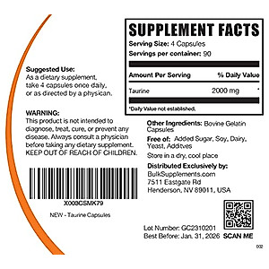 BULKSUPPLEMENTS.COM Taurine Capsules - Taurine Supplement, Taurine 2000mg, Amino Acids for Heart Health, Taurine Pills - Gluten Free, 4 Taurine 500mg Capsules per Serving (2000mg), 360 Capsules