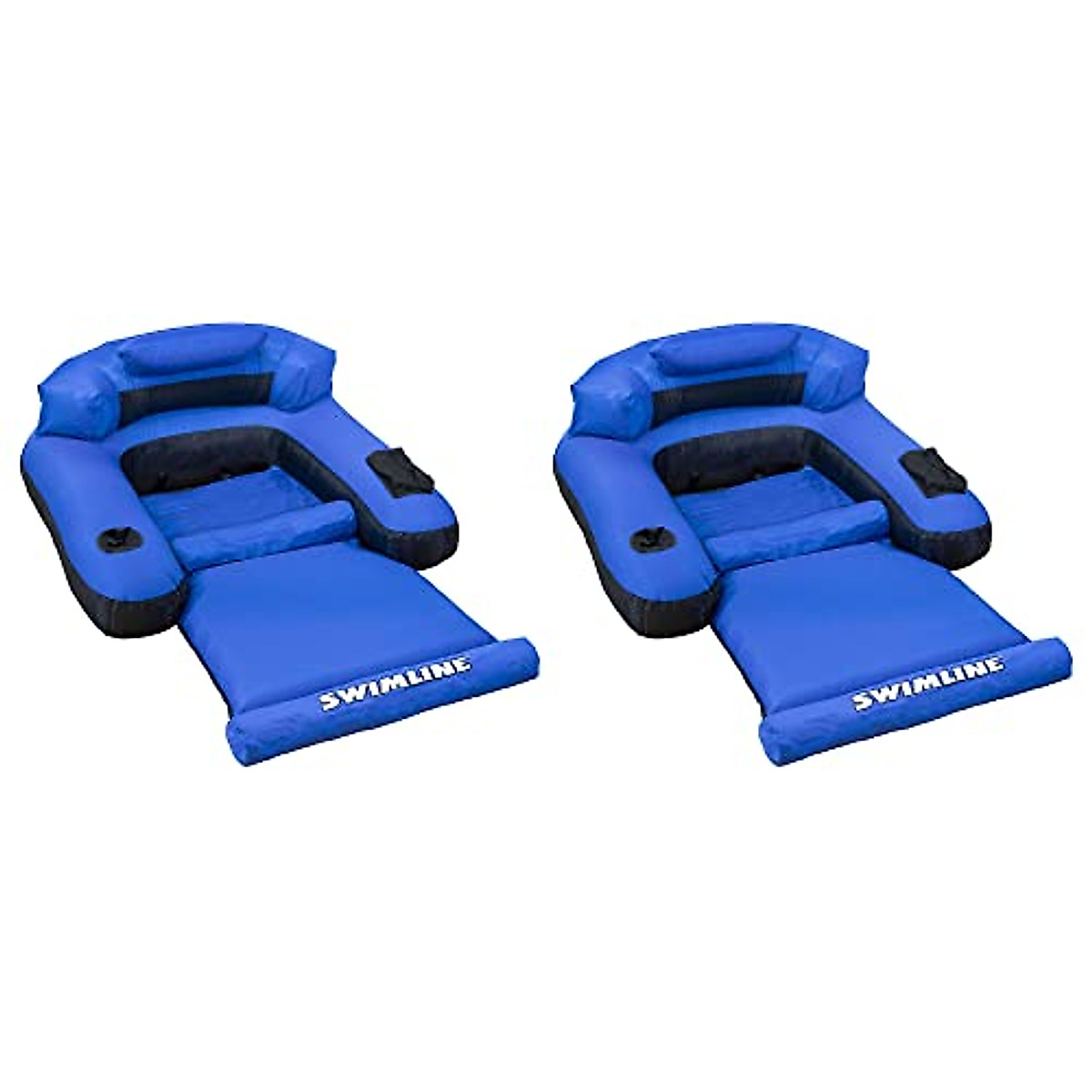 Swimline Swimming Pool Inflatable Nylon Vinyl 1 Person Floating Loungers Chairs with Backrest, Footrest, and Drink Cupholder, Blue (2 Pack)