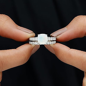 Certified Opal Wedding Ring Set, AAA Quality, Natural 8mm Cushion Cut Opal Engagement Ring with Moissanite Enhancer, 14K White Gold, Size:US 10.00