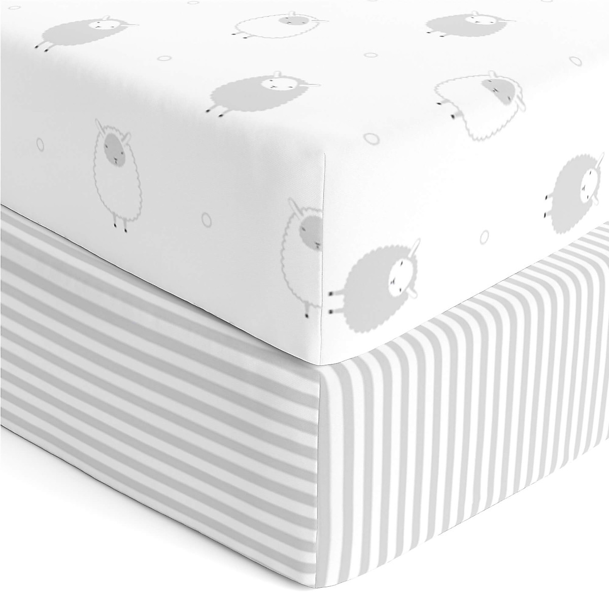 Cuddly Cubs Fitted Crib Sheets Set – 2 Pack – Jersey Cotton Crib Mattress Sheets for Baby Boy, Girl Crib – Grey Stripes, Sheep Toddler Bed Sheets – Fits on Standard 28 x 52 Crib and Toddler Mattress