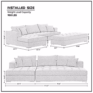 FANYHOME 111'' Tufted Fabric 3-Seat L-Shape Sectional Sofa Couch Set w/Chaise Lounge, Ottoman Coffee Table Bench for Living, Family & Game Rooms (Dark Grey), Light Gre