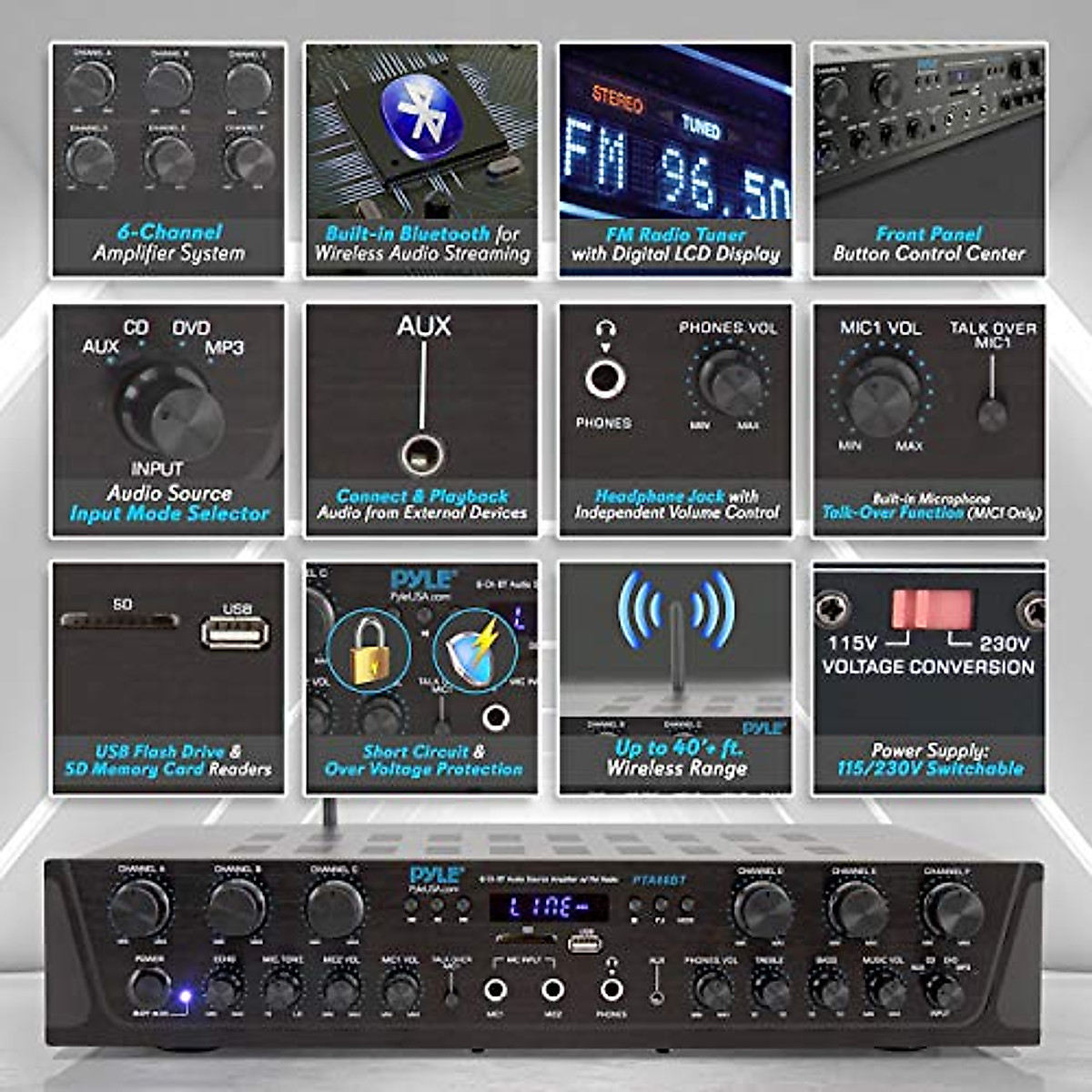 Pyle Wireless Home Audio Amplifier System - Bluetooth Compatible Sound Stereo Receiver Amp - 6 Channel 600Watt Power, Digital LCD, Headphone Jack, 1/4'' Microphone IN USB SD AUX RCA FM Radio PTA66BT.6
