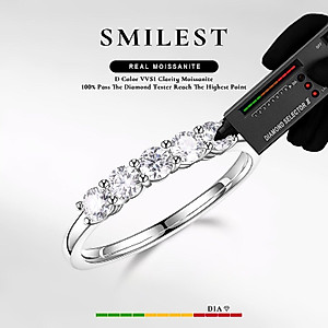 SMILEST 5 Stone Moissanite Wedding Band for Women, D Color VVS1 Clarity Lab Created Diamond Eternity Rings 18K White Gold Plated 925 Sterling Silver Round Cut Moissanite Anniversary Rings for Women