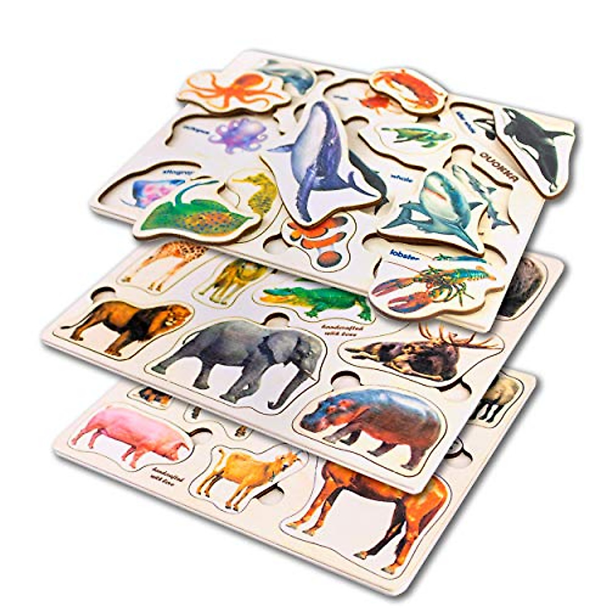 Wooden Puzzles for Toddlers 1-3 – 3 Toddler Puzzles Ages 2-4 by QUOKKA – Montessori Animal Toy Puzzles for Kids Ages 3-5 Year Old – Wood Toy Learning Realistic Animals for Boy and Girl