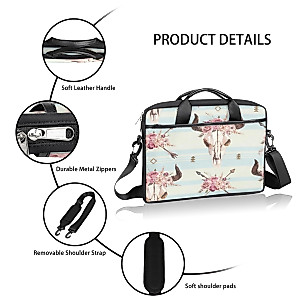 Bull Skull Flower Laptop Computer Bag Waterproof Shoulder Messenger Bag 13-15 inch Durable Laptop Tote Bag with Shoulder Strap Handle Lightweight Crossbody Briefcase