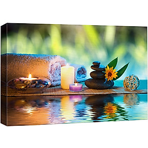 wall26 Canvas Print Wall Art Candles and Towels with Black Zen Stones and Orange Daisy Nature Floral Photography Realism Rustic Colorful Multicolor Ultra for Living Room, Bedroom, Office - 12"x18"