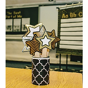 Carson Dellosa Stars Cutouts, 36 Black & Gold Star Cutouts for Bulletin Board and Classroom Décor, Space Décor and Galaxy Décor Classroom Cut-Outs, Black and Gold Star Décor