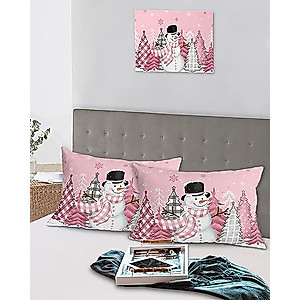 Pink Snowman Pillowcases Standard Size Christmas Pillow Covers Set of 2, Soft Snowflake Winter Throw Pillow Case with Envelope Closure Xmas Tree Decorative Bed Pillow Shams for Bedroom Sofa Couch