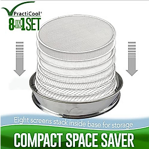 Practicool Garden Potting Mix Sieve - Stainless Steel Riddle - Soil sifting pan - with 8 Interchangeable Filter mesh Sizes - 2,3,4,6,7,9,11,12 mm and Bonus Spade