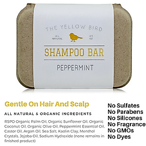 The Yellow Bird Peppermint Shampoo Bar Soap. Sulfate Free. Natural and Organic Ingredients. Anti Dandruff, Itchy Scalp, Psoriasis. Includes Conditioning Argan and Jojoba Oils.