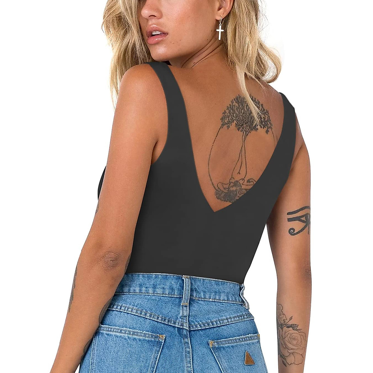 REORIA Women's Summer Sexy Plunge Deep V Neck Sleeveless Double Lined One Piece Tank Tops Thong Bodysuits Leotards for Going Out Black- Medium