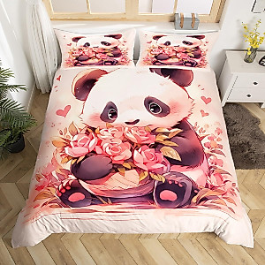 Feelyou Panda Bedding Set Twin, Cute Panda Duvet Cover Cartoon Panda Comforter Cover Kids Toddler Boys Girls Kids Panda Bedspread Cover Microfiber Bed Set with 1 Pillow Case(No Comforter)