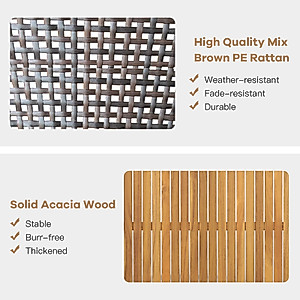 PATIOJOY 4 Pieces Outdoor Acacia Wood Furniture Set, PE Wicker Conversation Set with Coffee Table and Soft Cushions, Sofa for Garden, Poolside and Backyard (1, Off White)