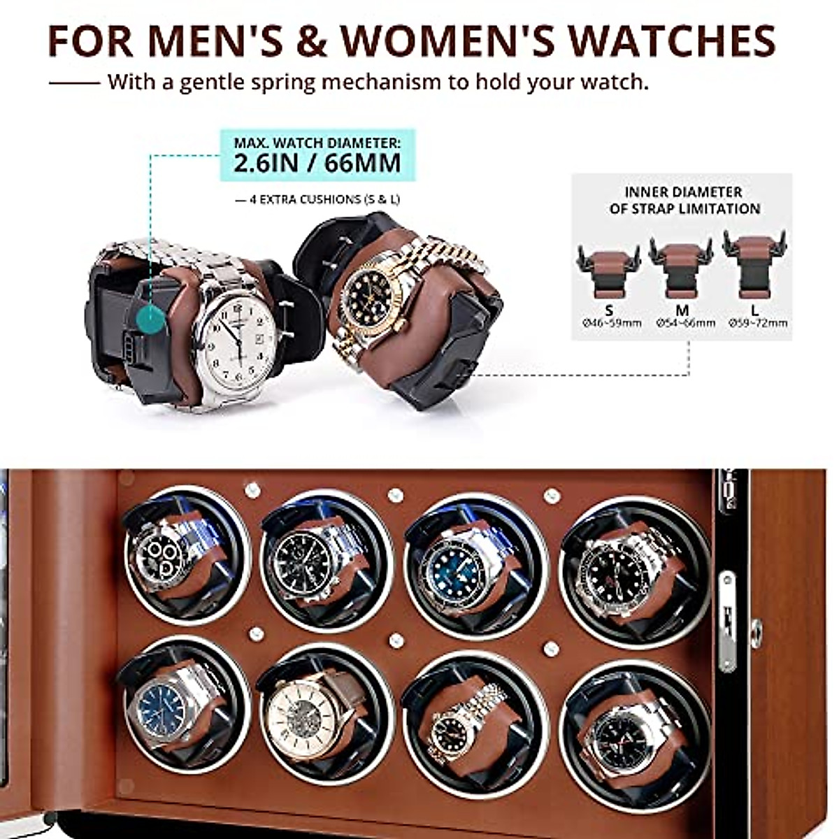 LUKDOF Walnut Watch Winder for 8 Automatic Watches Winding+ 6 Storage Slots LED Backlight Watch Display Box Touchscreen Automatic Rotation Case with Quiet Mabuchi Motors for Men and Women Gift